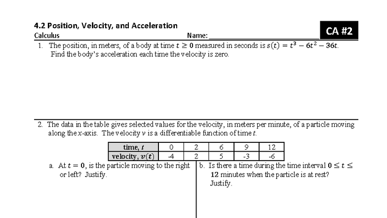 Calc 4 - Position, Velocity, and Acceleration Analysis - Studocu