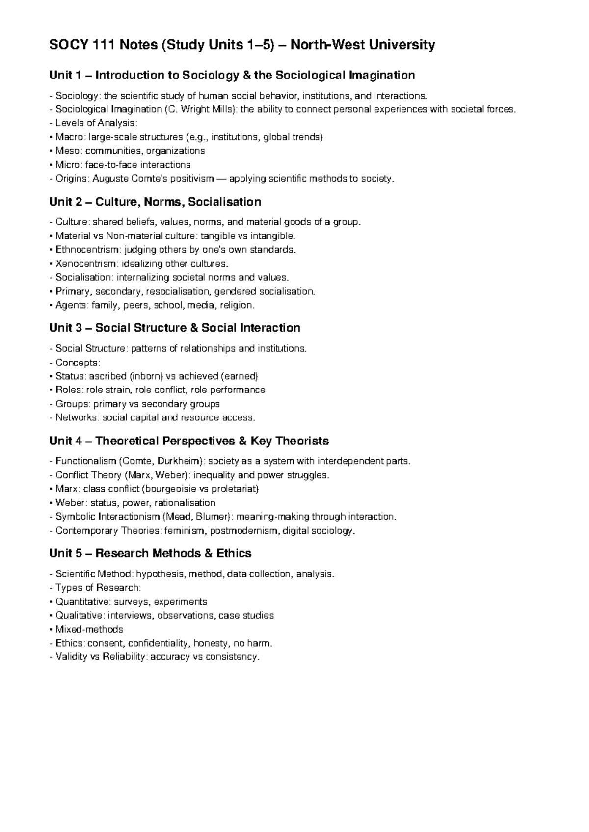 SOCY111 Notes: Units 1-5 Overview of Sociology Concepts and Theories ...