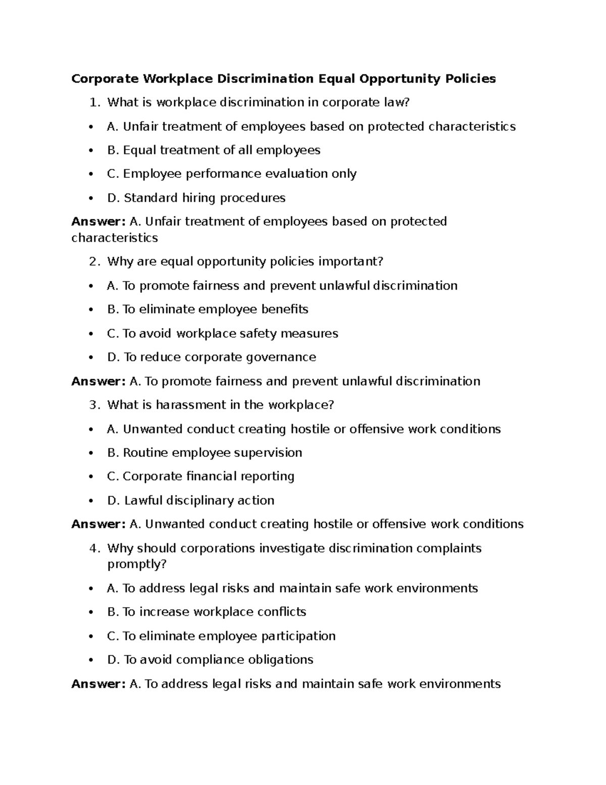 Corporate Law: Workplace Discrimination & Equal Opportunity Policies ...