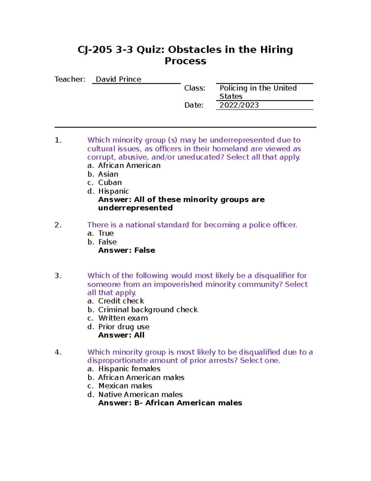 CJ 205 3-3 Quiz Obstacles in the Hiring Process - CJ-205 3-3 Quiz ...