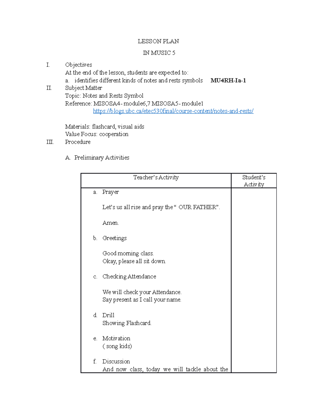 MU5 Lesson Plan: Understanding Notes and Rests in Music Class - Studocu