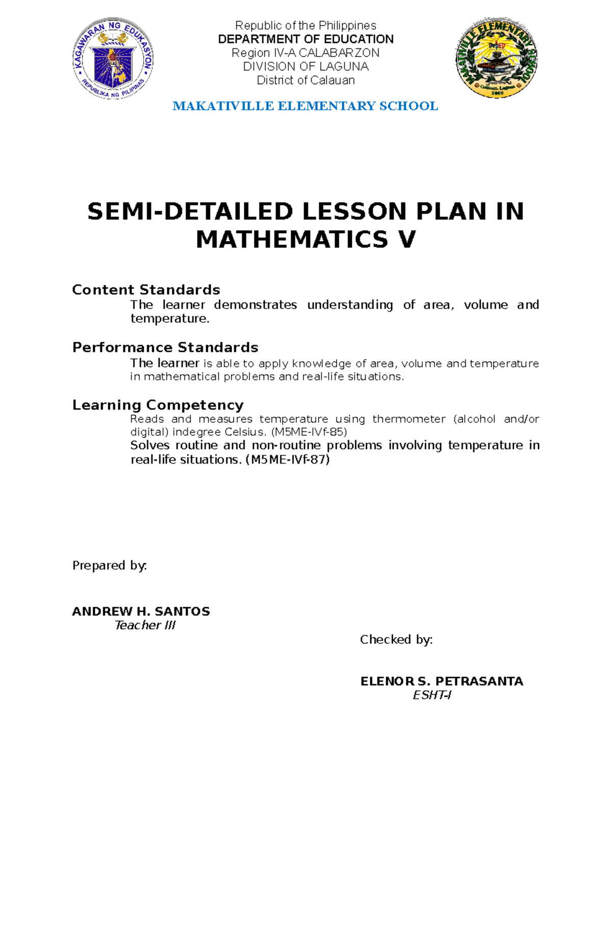 Mathematics V Lesson Plan: Reading Temperature in °C and Problem Solving - Studocu