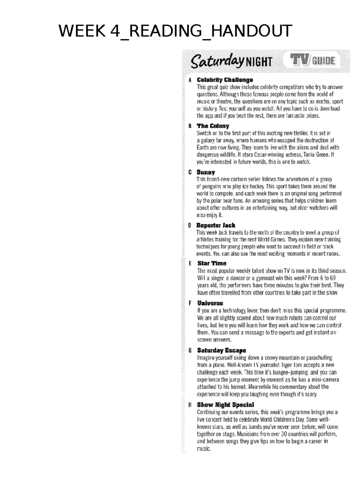 WEEK 4 SƠ-CẤP Reading K38 Handout: TV Show Highlights - Studocu