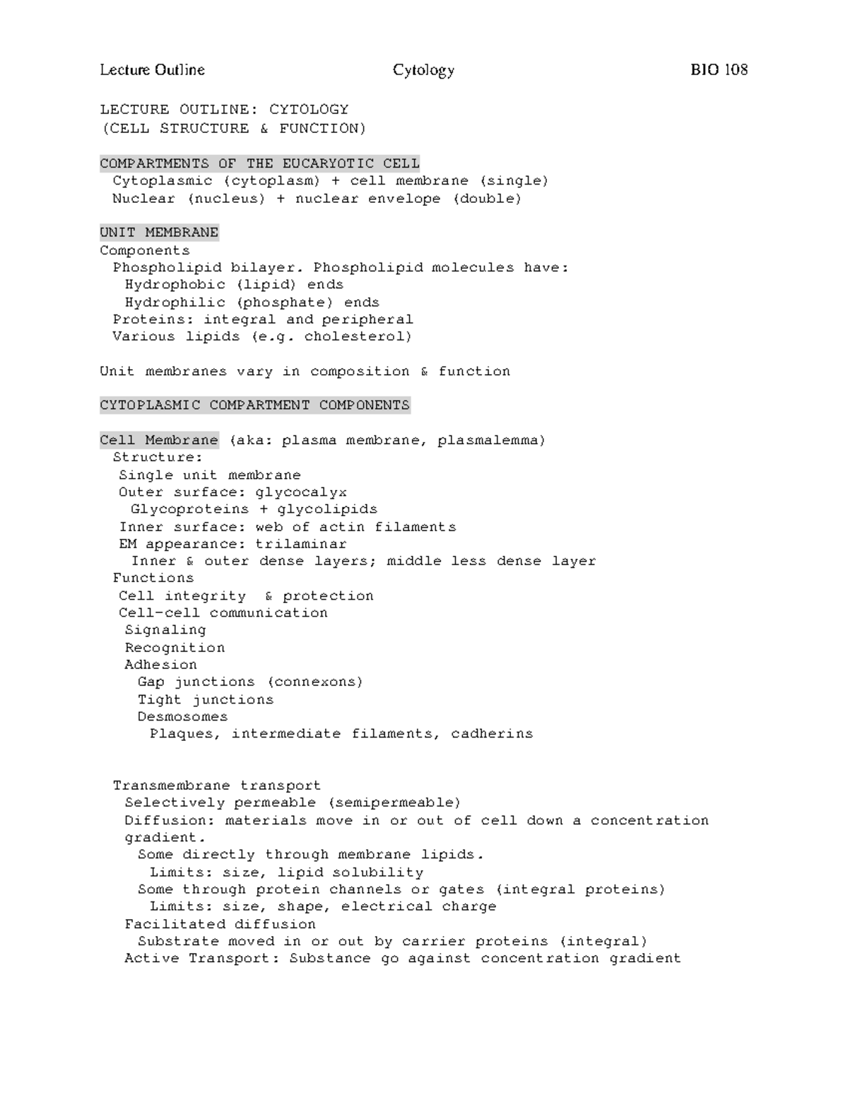 Cytology Lecture Notes: Structure and Function of Eukaryotic Cells ...