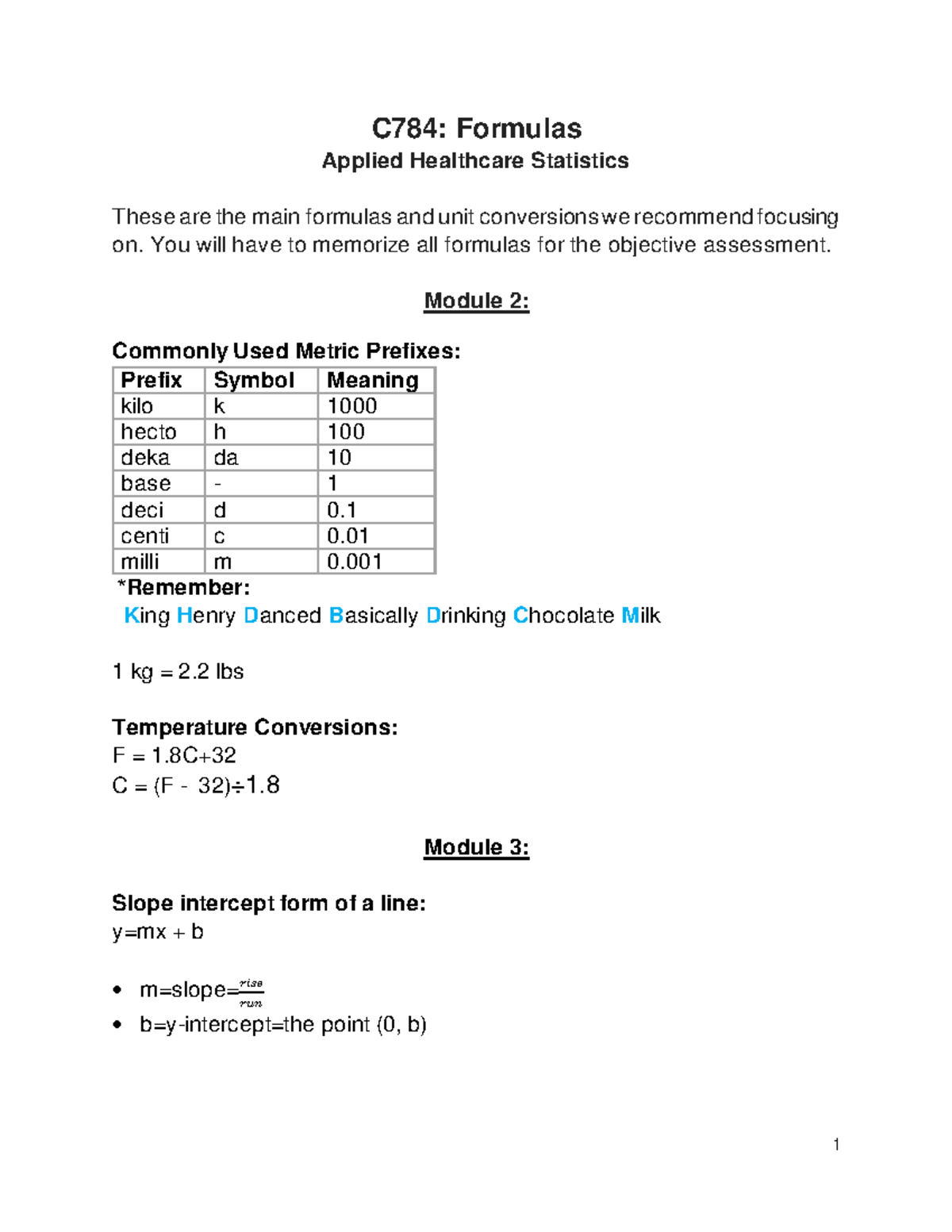 C784 Study Guide: Key Formulas & Conversions in Healthcare Stats - Studocu