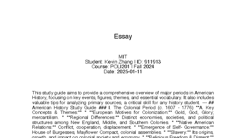 POLI201 Fall 2024: Comprehensive American History Study Guide - Studocu