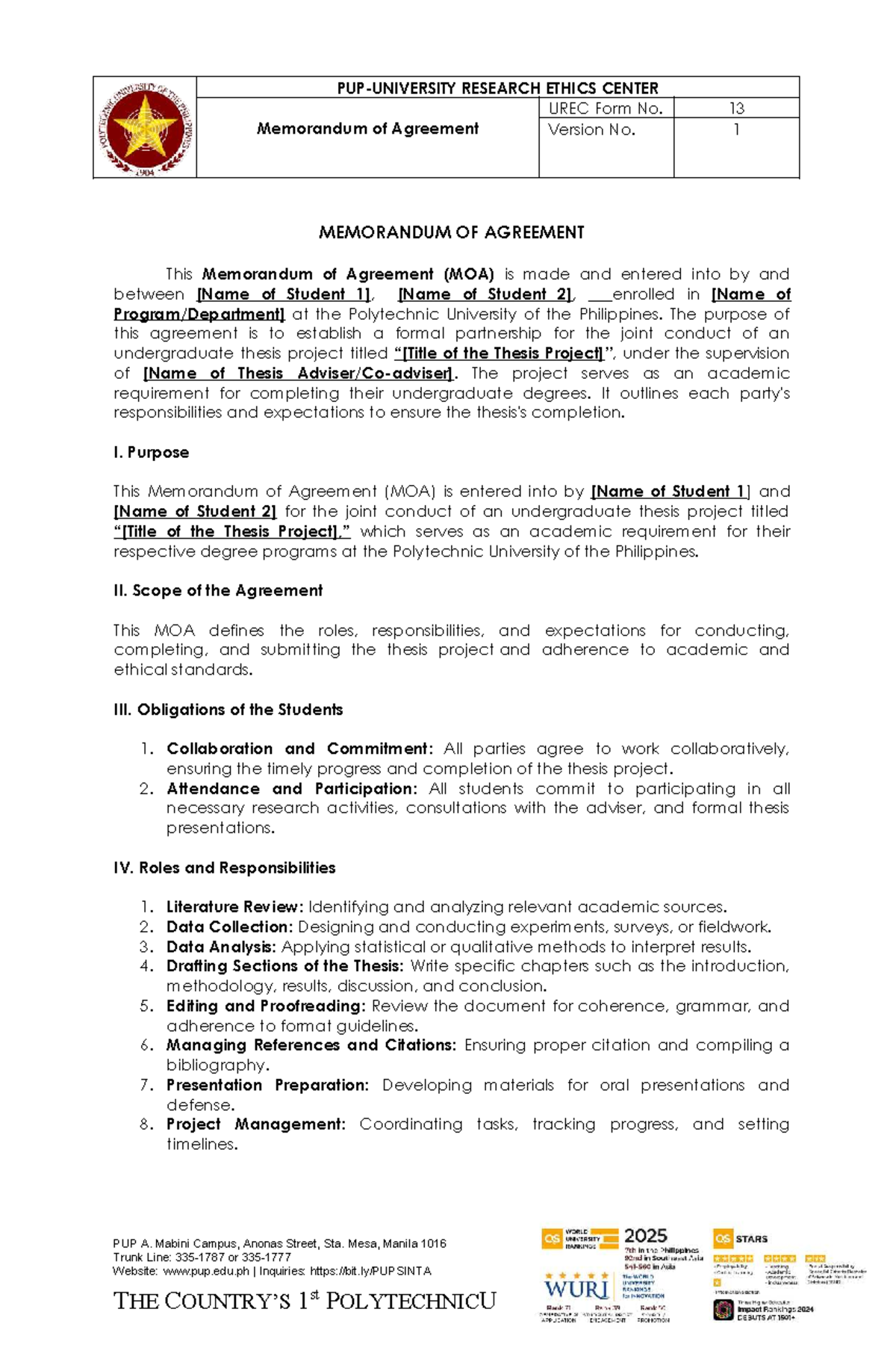UREC Form 13: Memorandum of Agreement for Thesis Project Collaboration ...