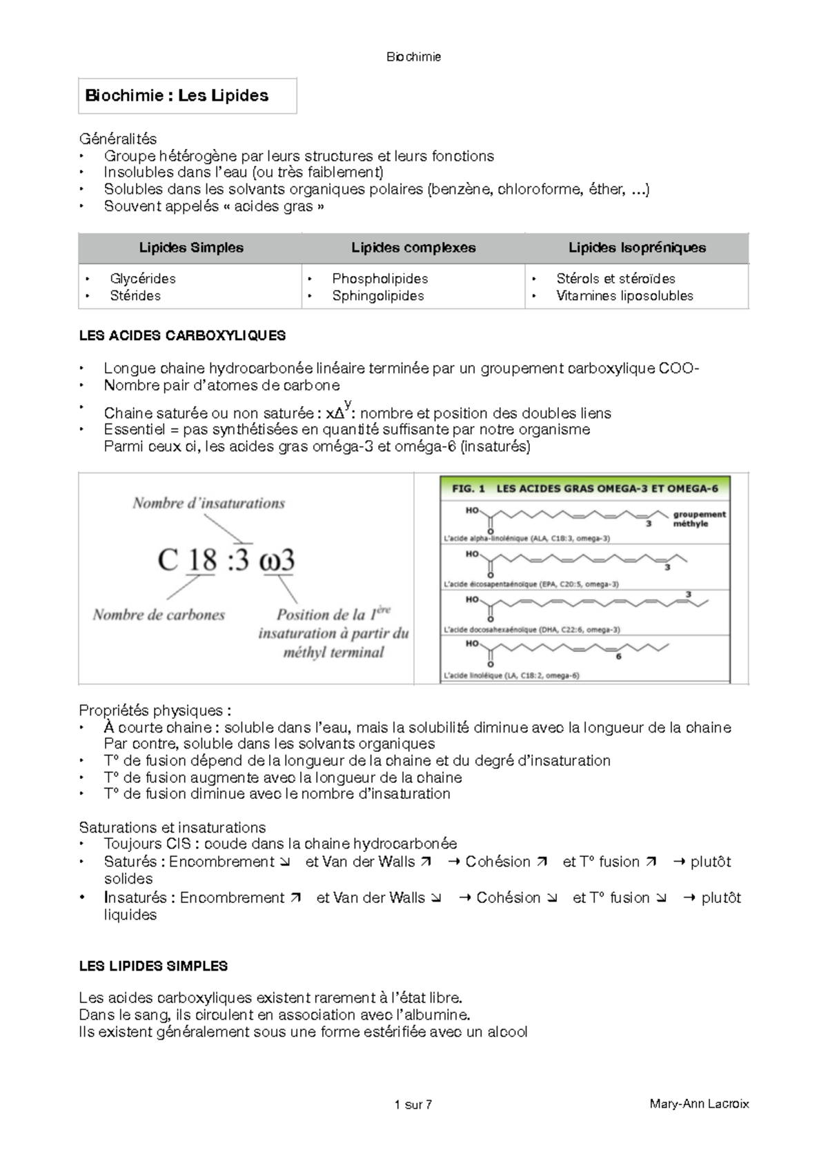 Biochimie Resume Les Lipides - Généralités • Groupe hétérogène par ...