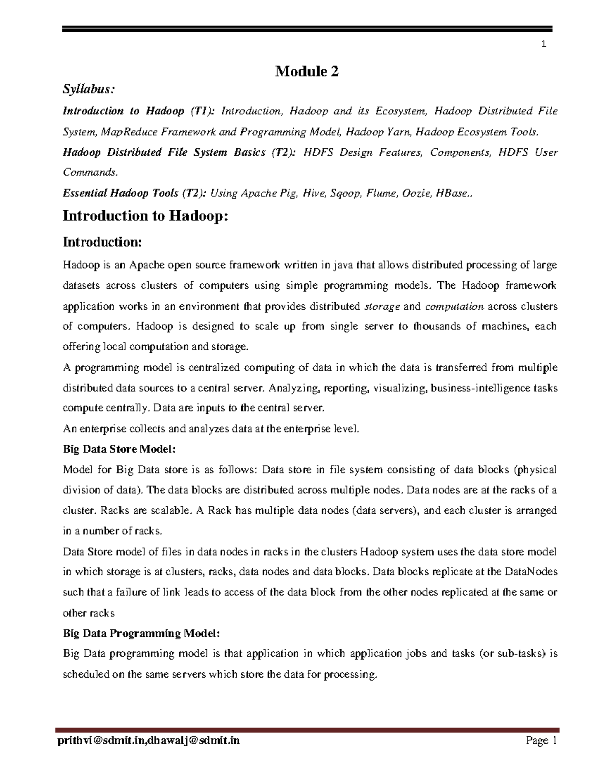 Big Data Module 2 - ,,,,,,, - Module 2 Syllabus: Introduction to Hadoop ...