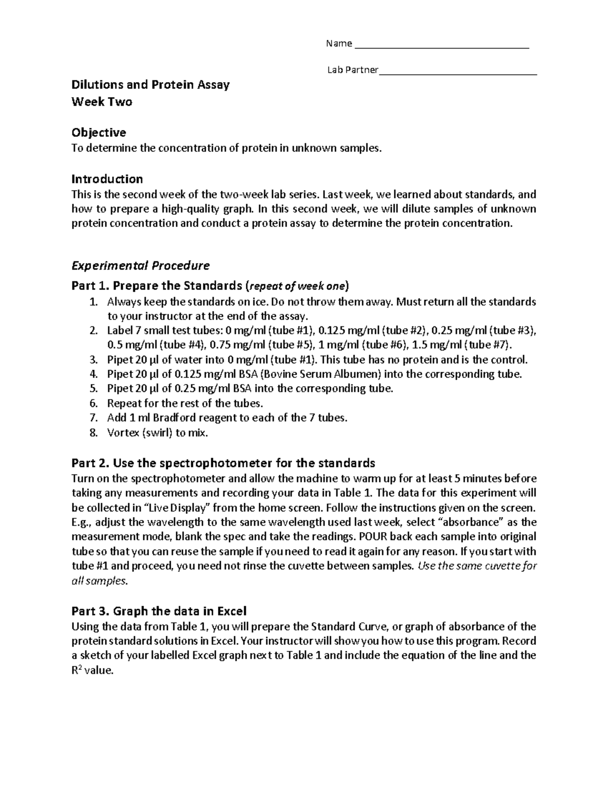 Lab 8: Dilutions & Protein Assay - Week 2 Protocol - Studocu