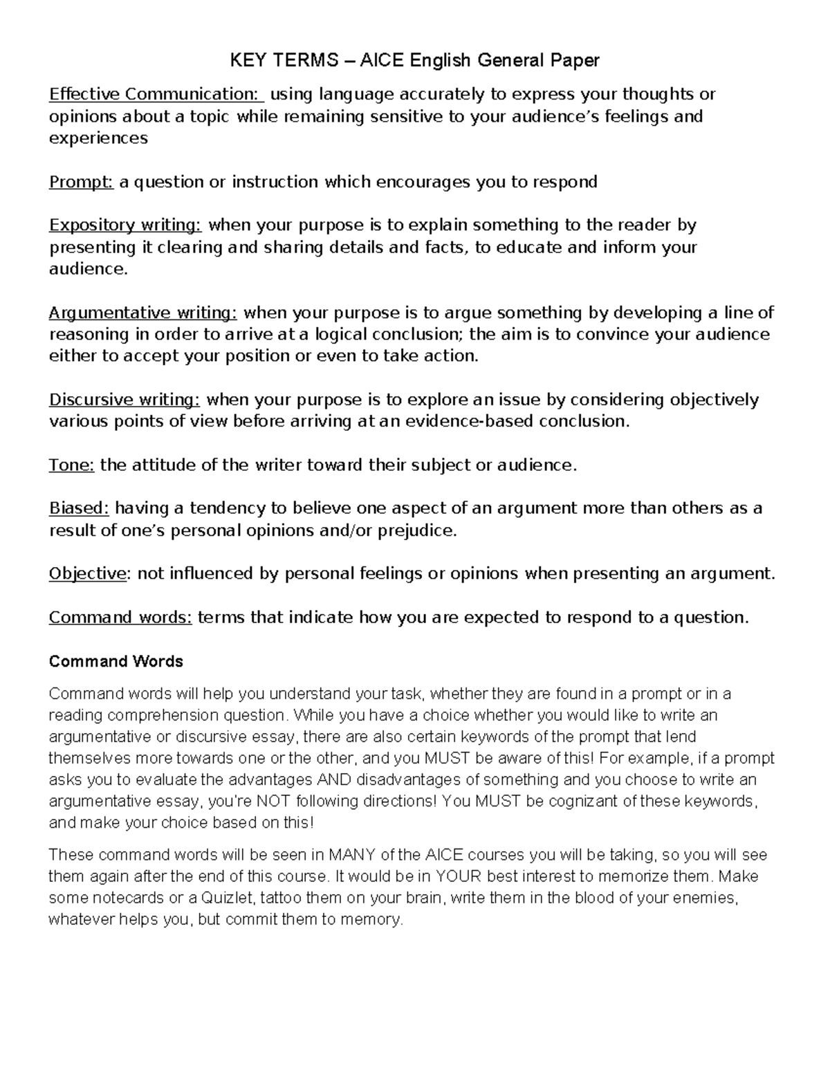 KEY Terms for AICE English General Paper: Effective Communication - Studocu