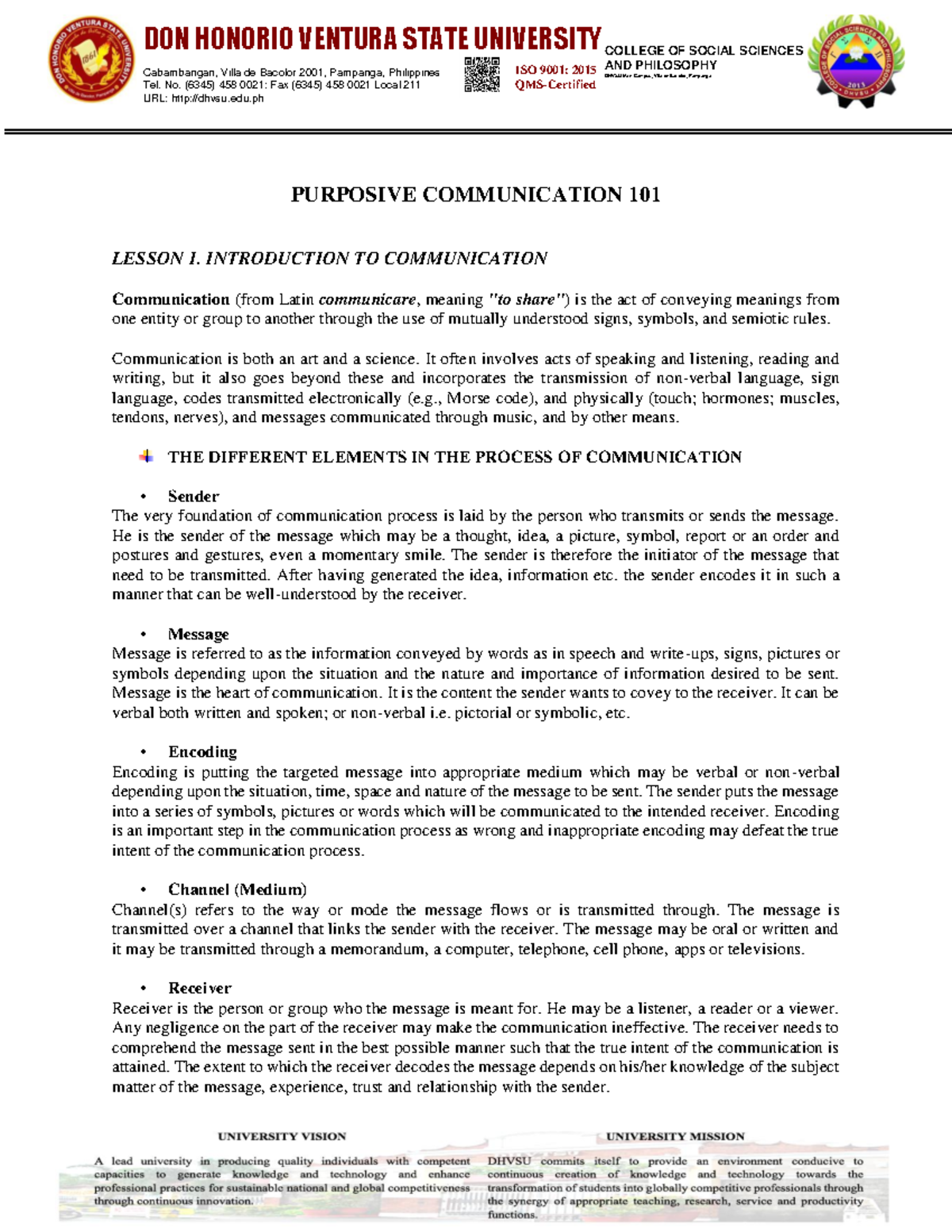 Purposive Comm 101: Lesson 1 - Intro to Communication Concepts - Studocu