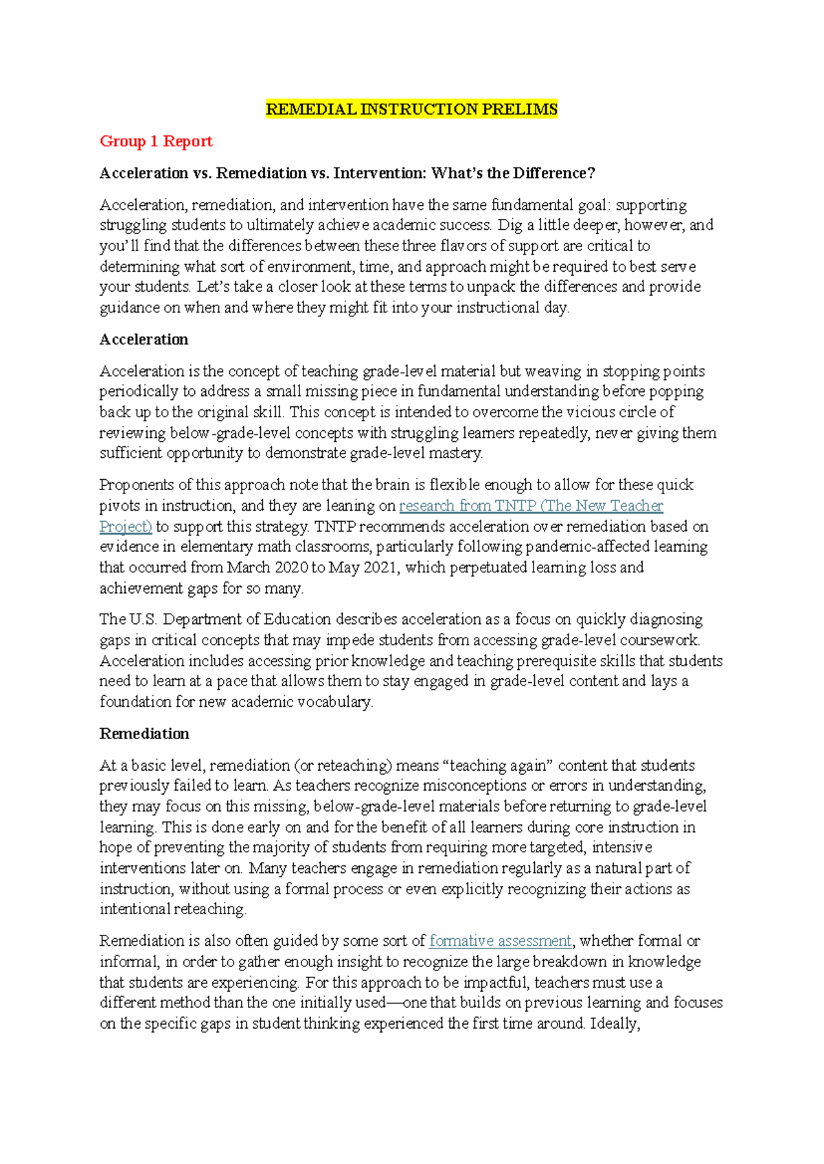 REMEDIAL INSTRUCTION PRELIMS: Understanding Acceleration, Remediation ...
