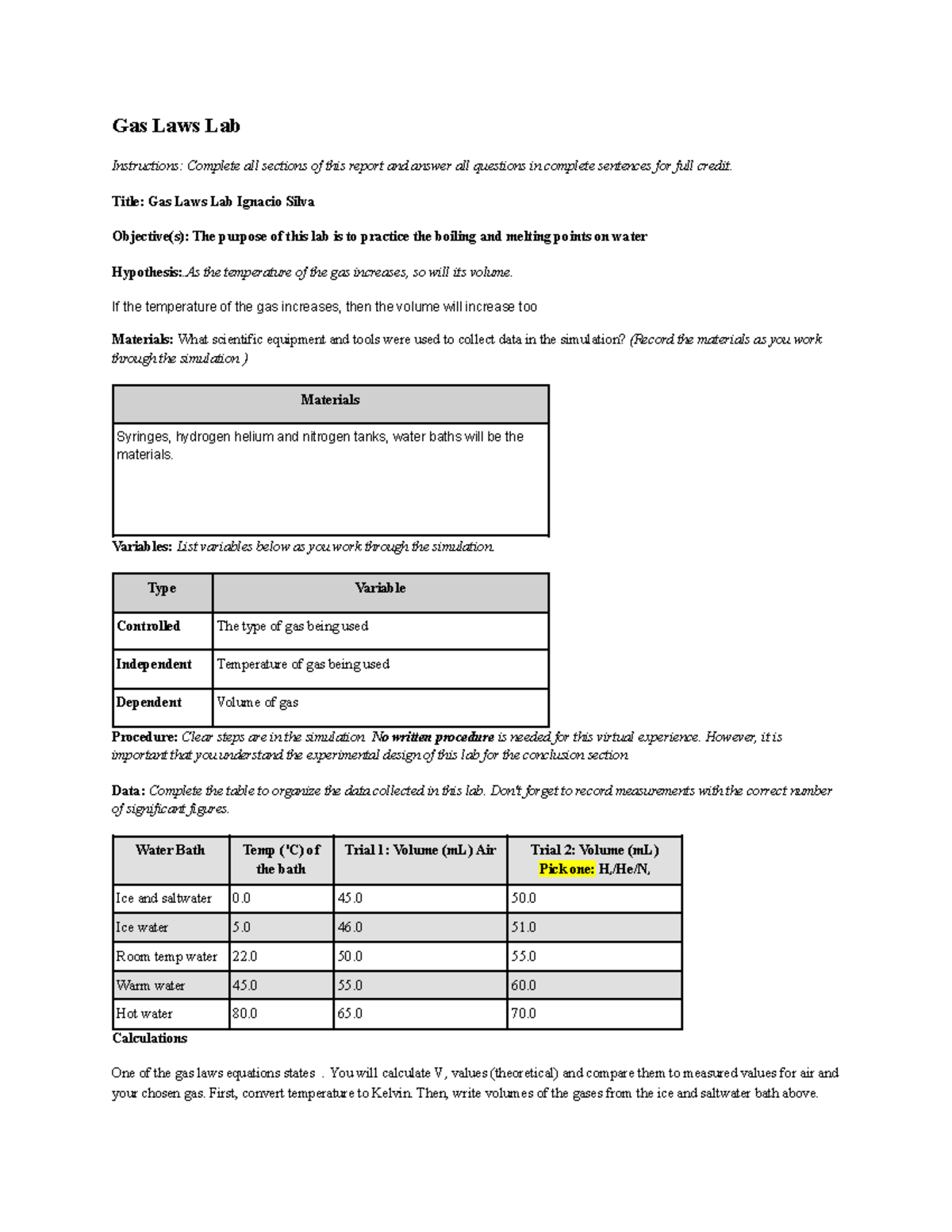 Gas Laws Lab Report - Chemistry 101 Assignment - Studocu