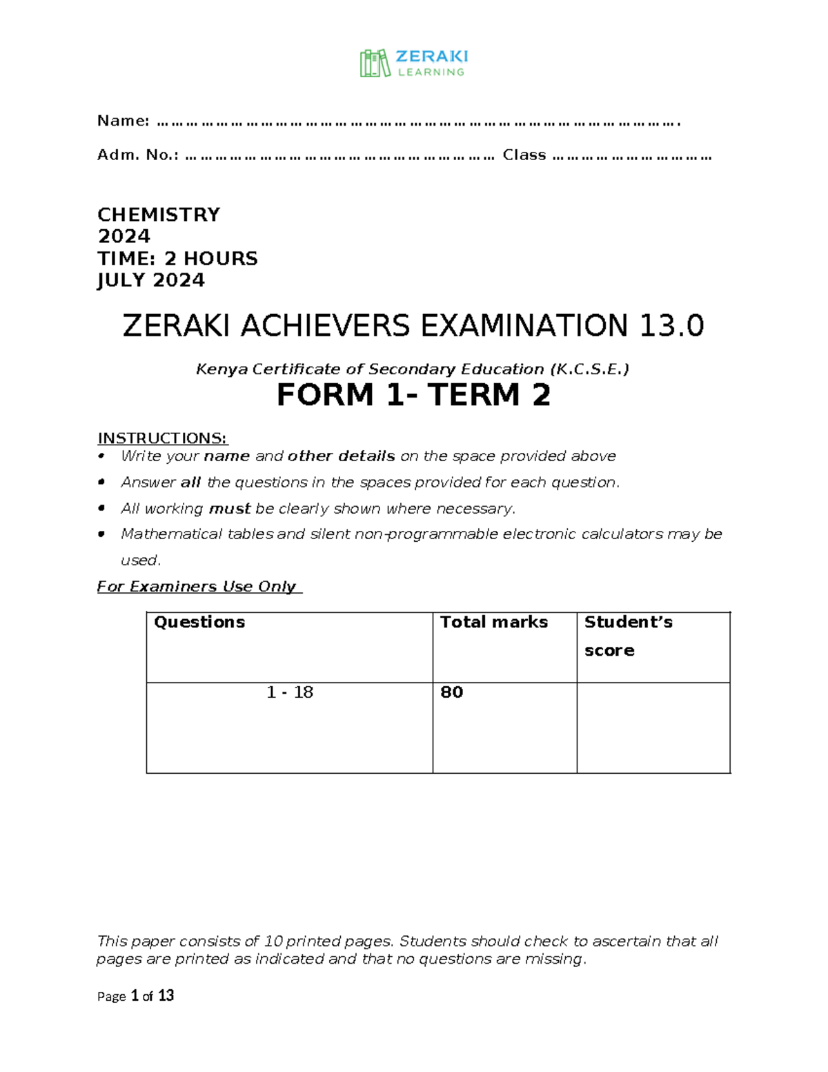 Chemistry (K.C.S.E) - Form 1 Term 2 Exam Lecture Notes - Studocu