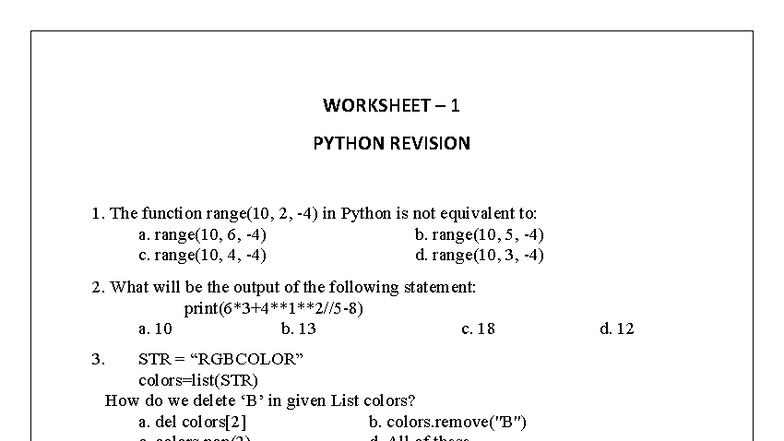 Worksheet 1 - Python Revision for Grade 12 - Studocu