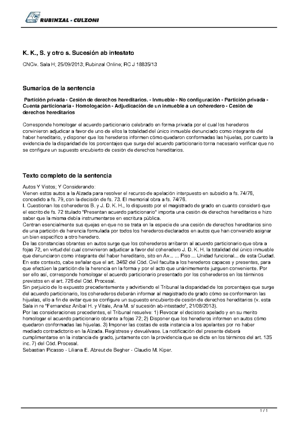 CNCiv. RC J - Partición Privada y Cesión de Derechos Hereditarios - Studocu
