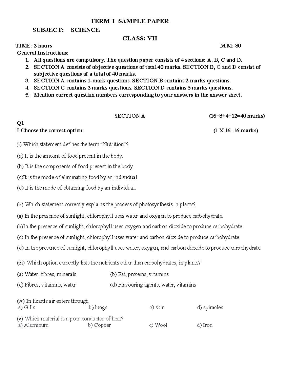 Science Class VII Sample Paper - Time: 3 Hours, M.M: 80 - Studocu