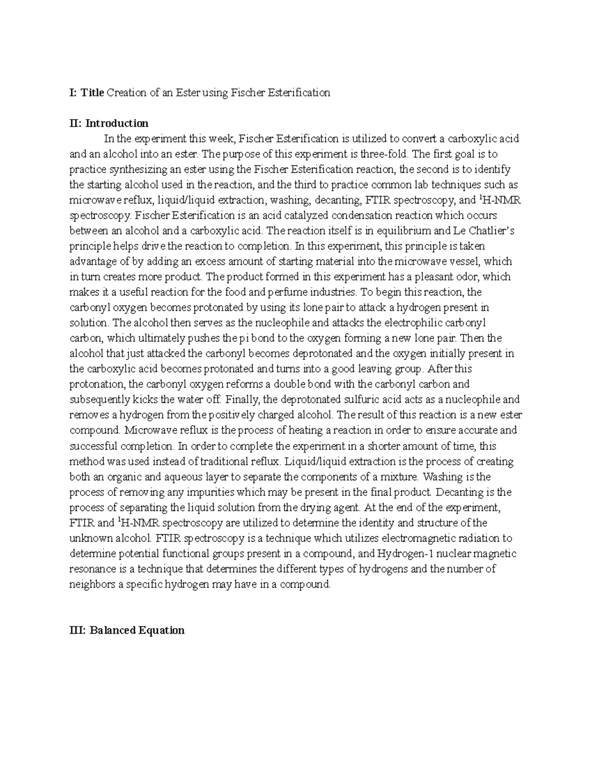 CHEM 2212 Lab 8 - Ester Reaction Lab - I: Title Creation of an Ester ...