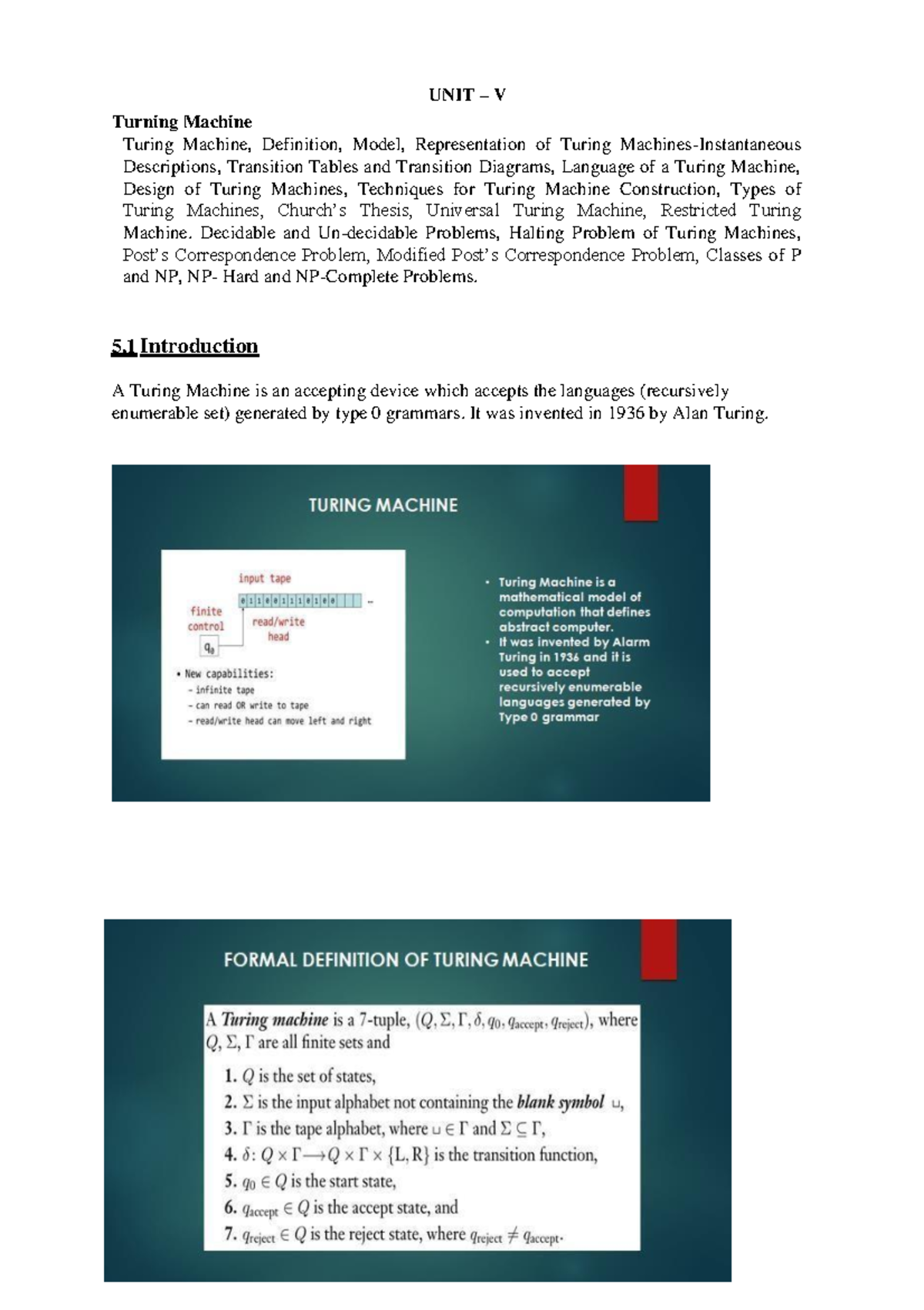R20 Turing Machine Concepts - Unit 5 Notes on Computability - Studocu