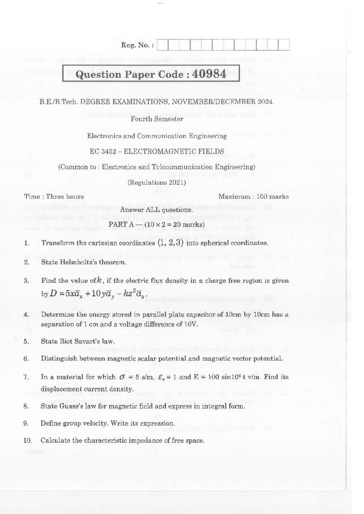 QP-EC3452-2024: Electromagnetic Fields Exam Questions - Studocu