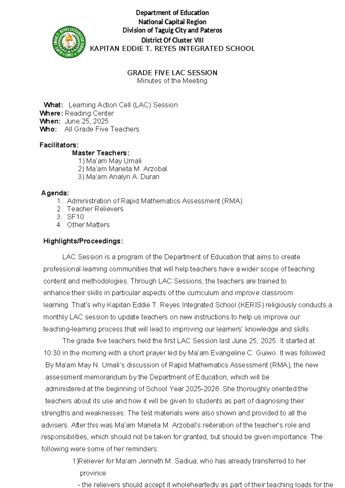 LAC Session Minutes for Grade 5 Teachers - KERIS - June 2025 - Studocu