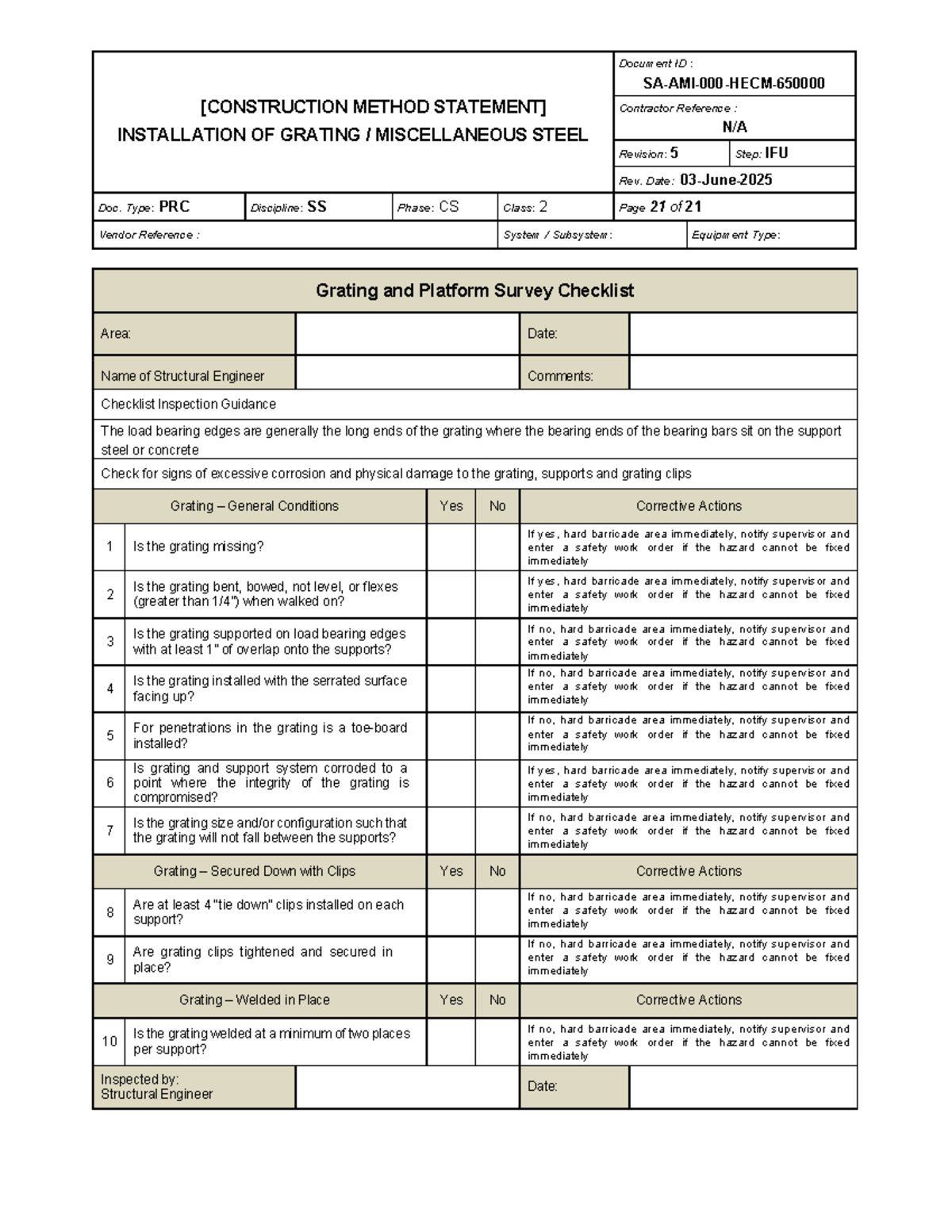 Grating Installation Inspection Checklist - PRC Method - Studocu
