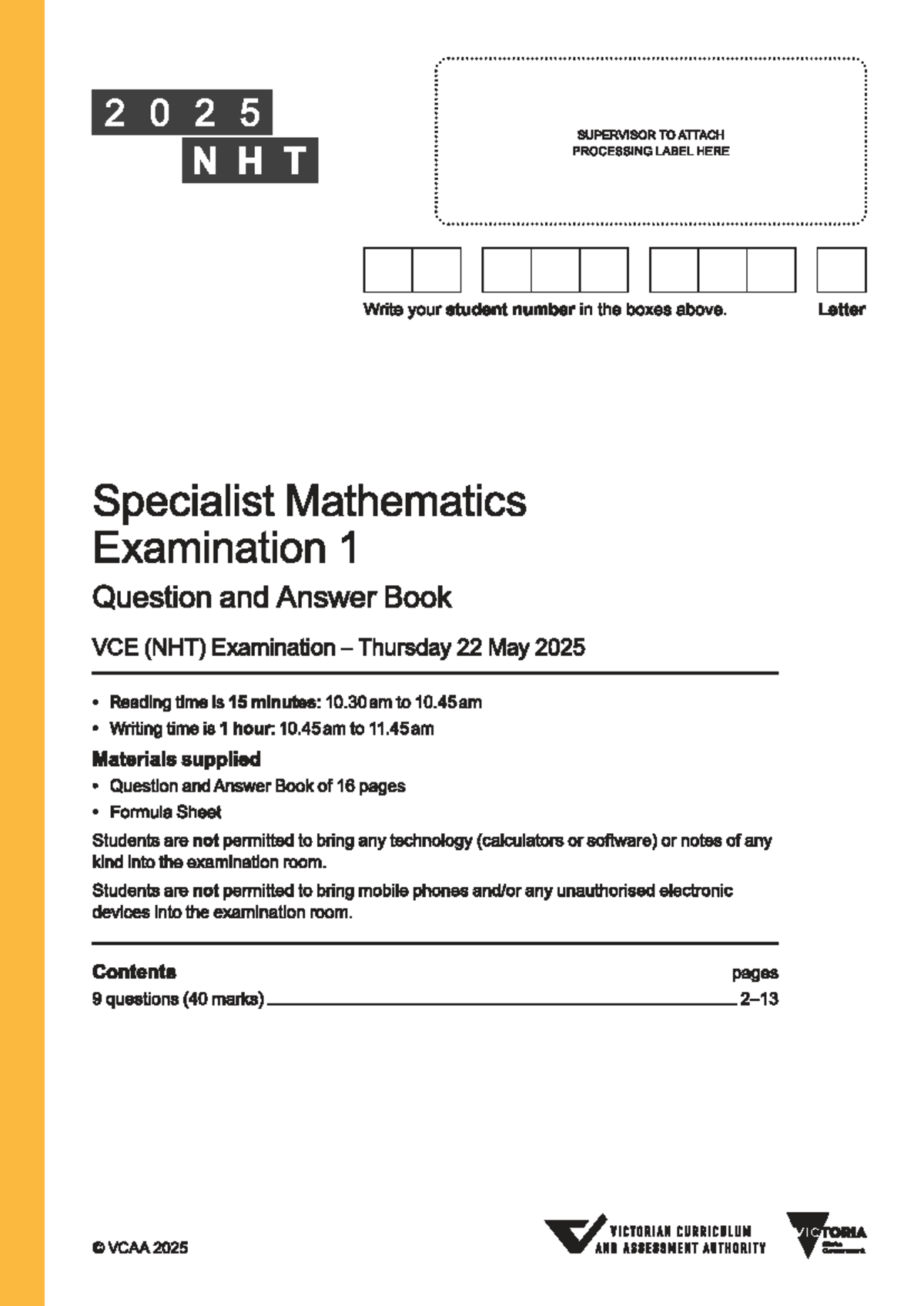 2025 VCE (NHT) Specialist Mathematics Exam 1 Question & Answer Book ...