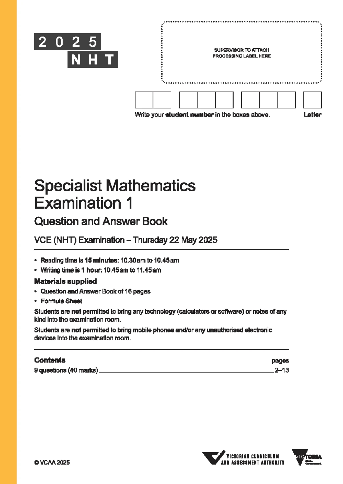 2025 VCE (NHT) Mathematical Methods Exam 1 Question & Answer Book - Studocu