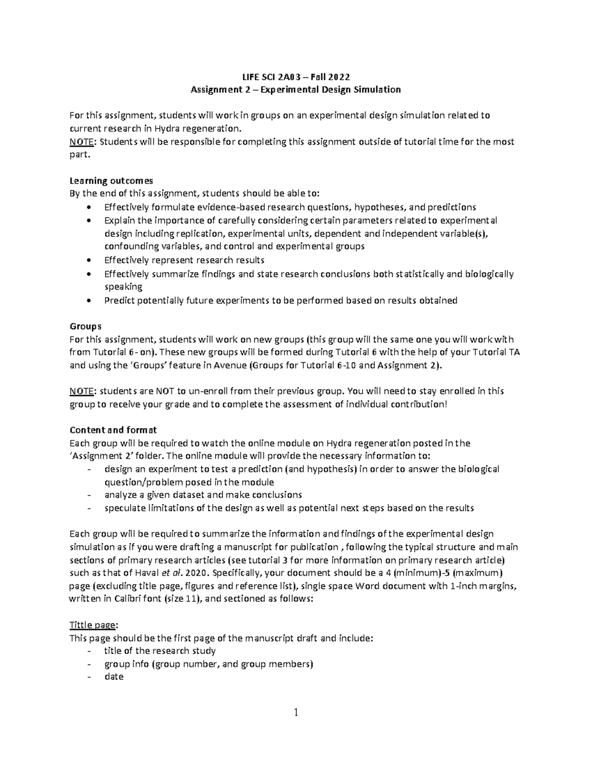 LS2A03 W2022 Assignment 2 Guidelines - LIFE SCI 2A03 – Fall 2022 Assignment 2 – Experimental ...