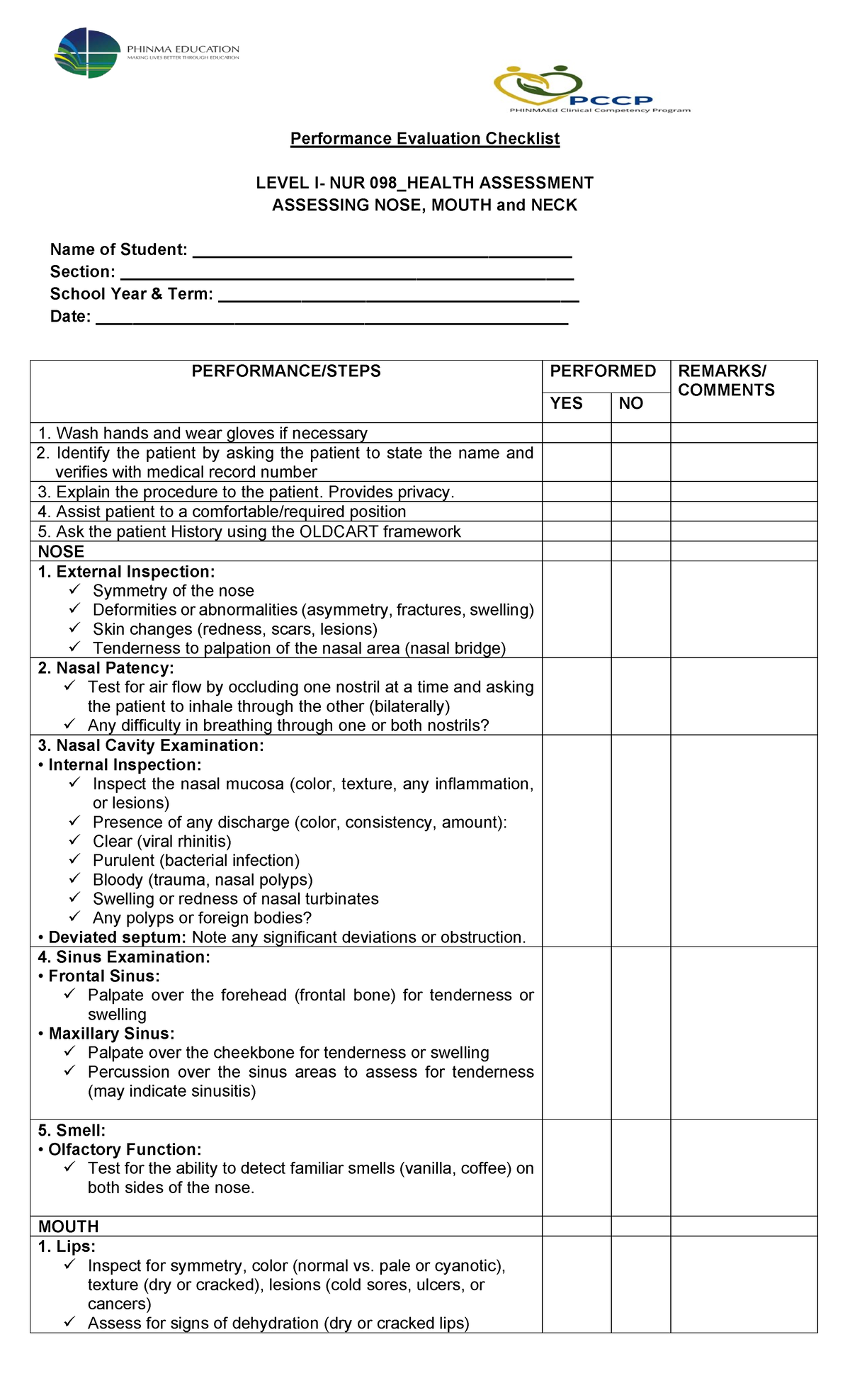 Performance Evaluation Checklist: Health Assessment NUR 098 - Nose ...