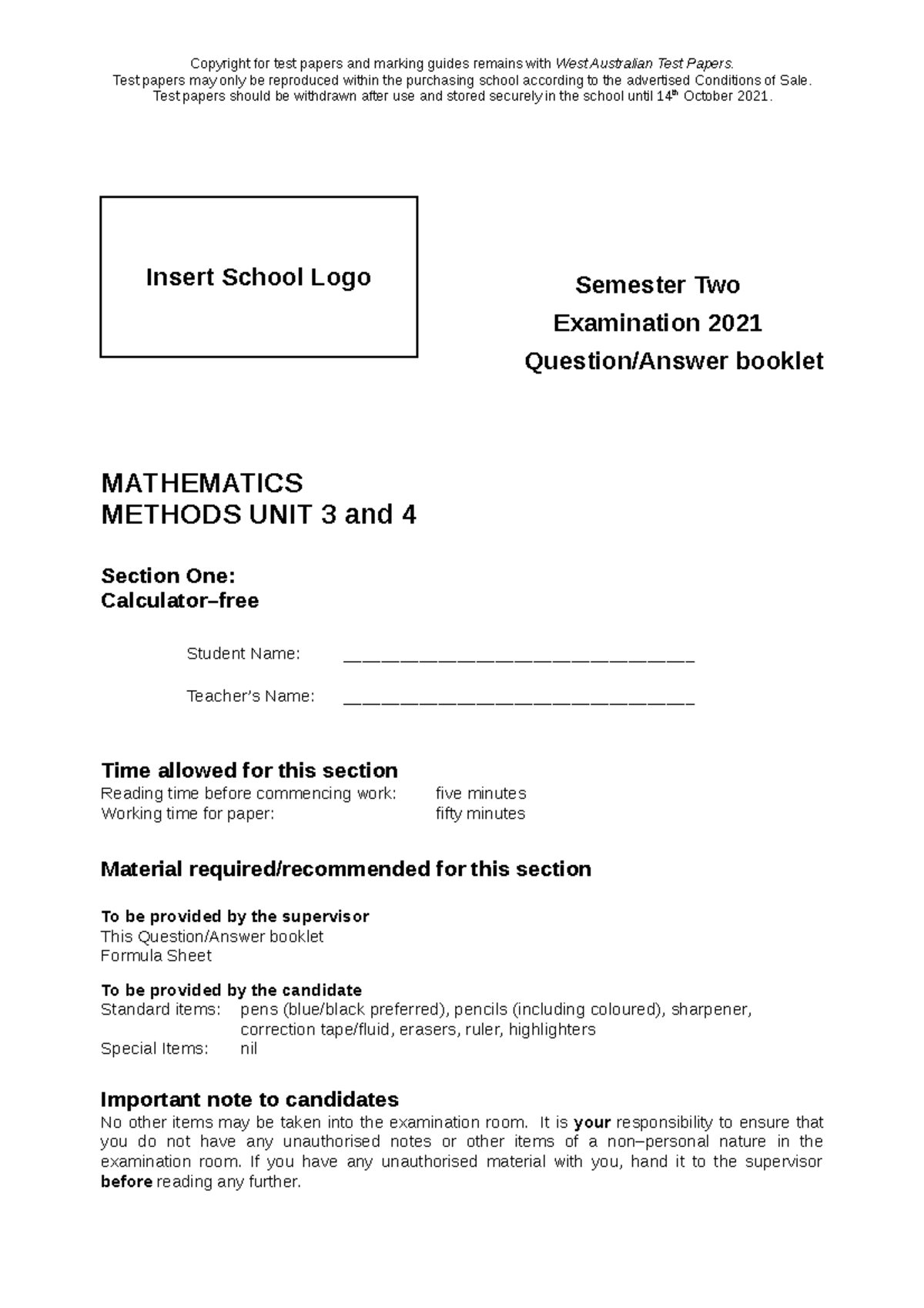 MATHEMATICS METHODS UNIT 3 & 4 Semester 2 Exam Paper 2021 - Studocu