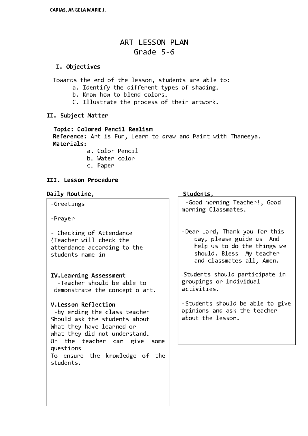 ART- Lesson-PLAN Final - ART LESSON PLAN Grade 5- I. Objectives Towards ...