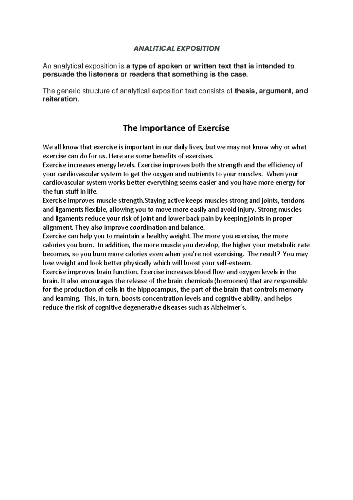ANALYTICAL EXPOSITION: The Benefits of Exercise Explained - Studocu