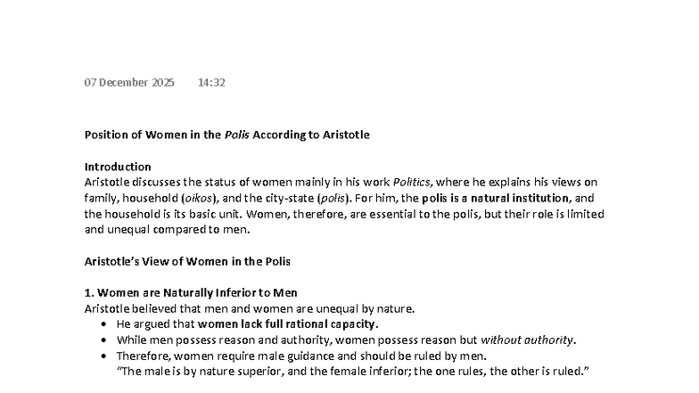 Position of Women in the Polis: Aristotle's Views on Gender Roles - Studocu