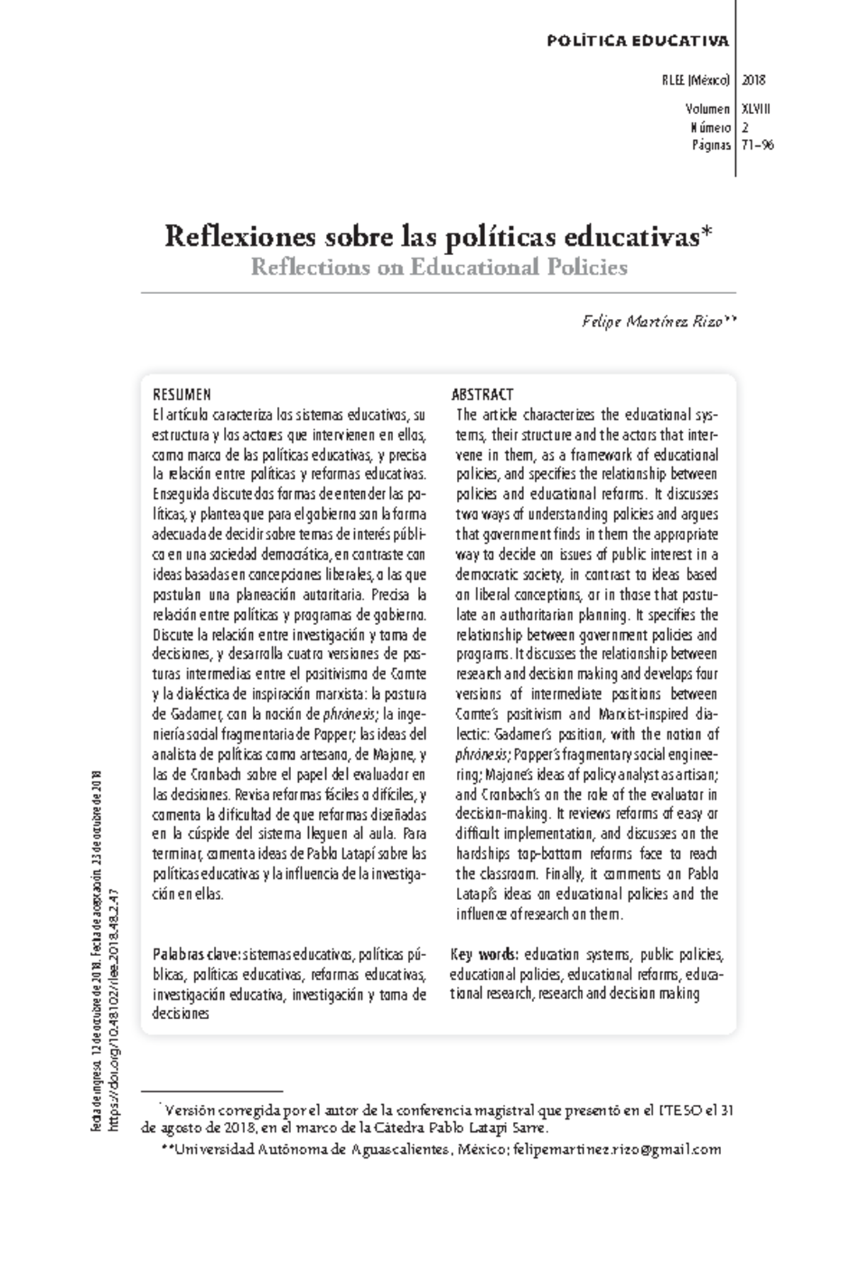Reflexiones sobre Políticas Educativas: Análisis y Reformas - RLEE 2018 ...