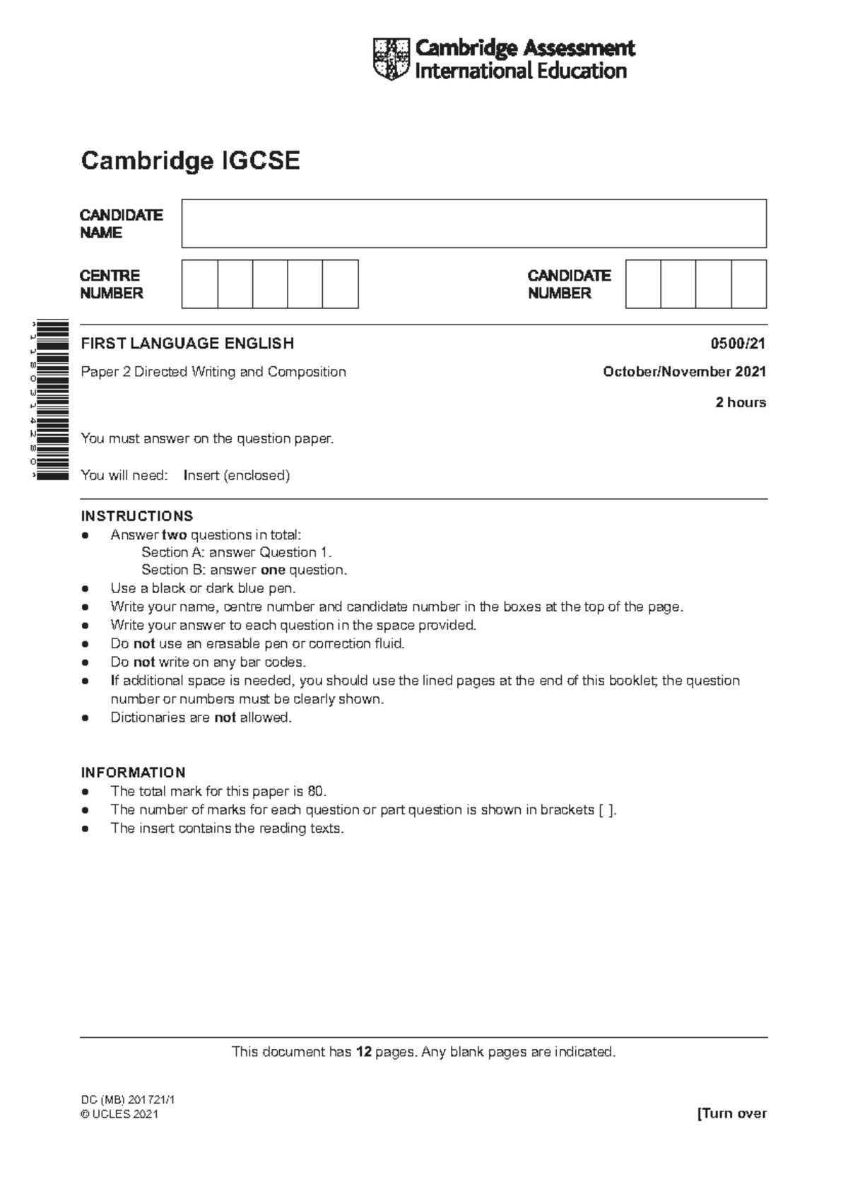 Cambridge 0500/21 First Language English Paper 2 Directed Writing 2021 ...
