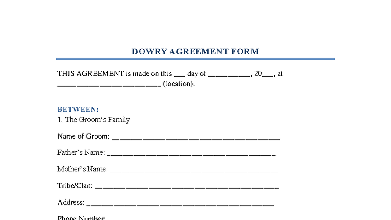 Dowry Agreement Form: Terms & Conditions for Marriage - Studocu