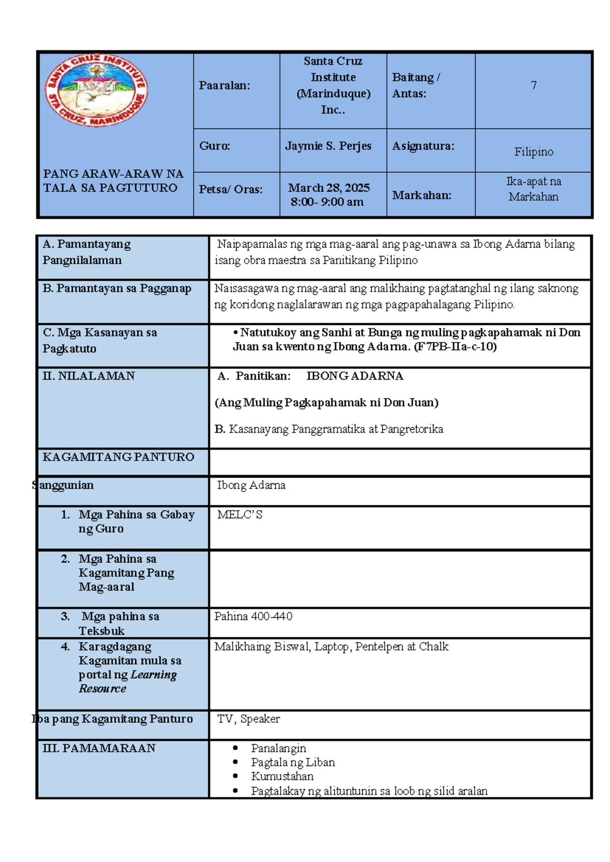 Filipino Lesson Plan: Ibong Adarna and Don Juan's Trials - Studocu