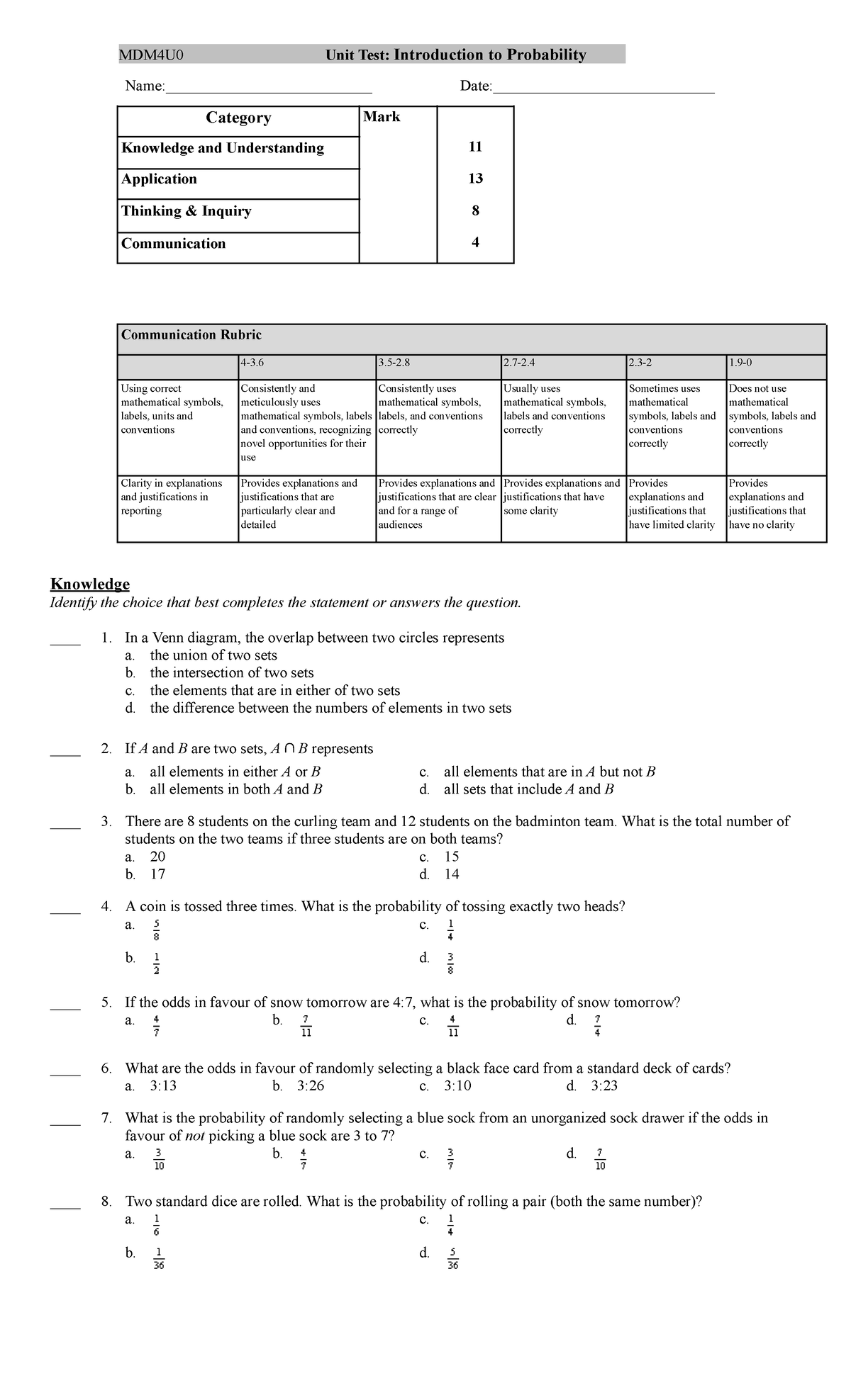 MDM4U0 Unit Test: Introduction to Probability and Statistics - Studocu