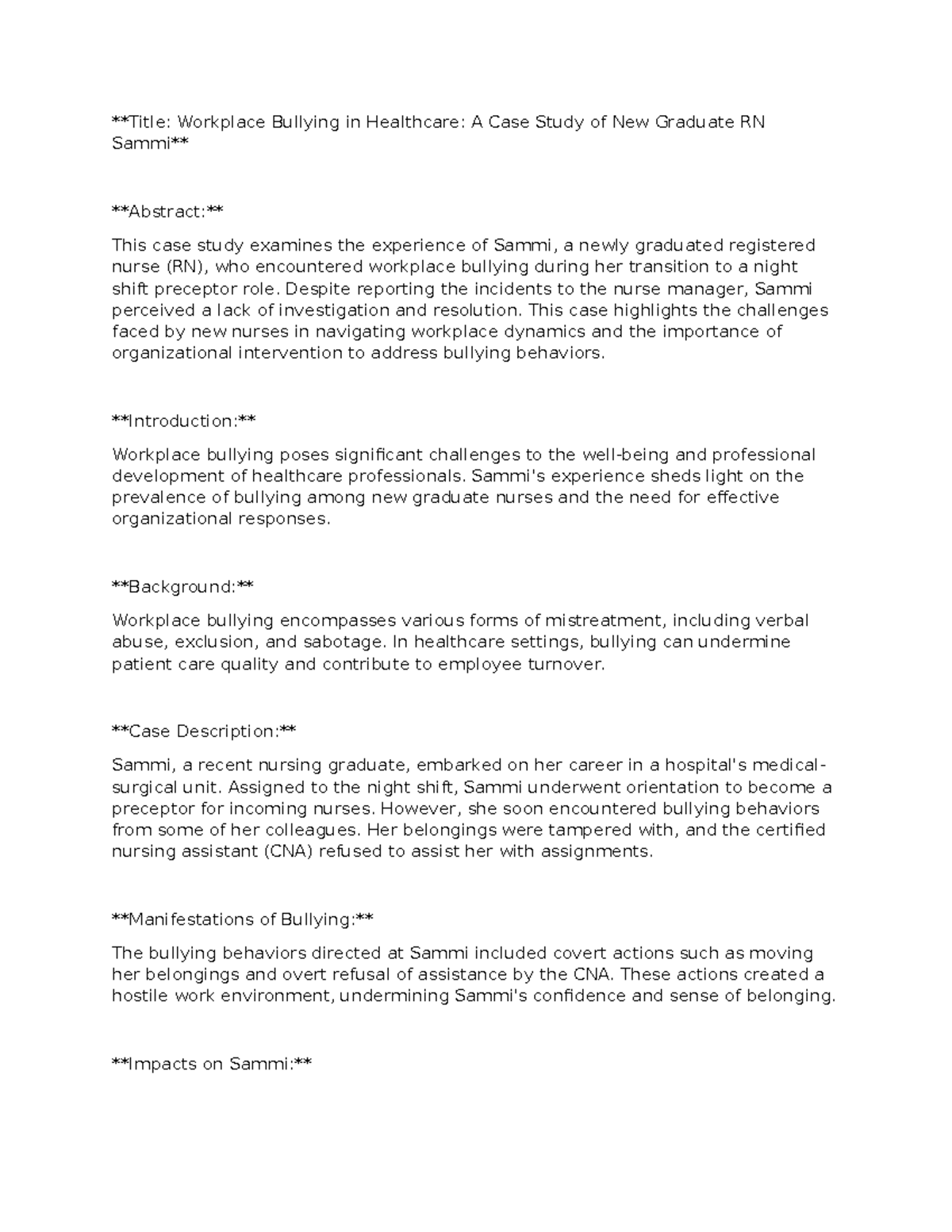NUR 302 Case Study: Workplace Bullying Experience of New RN Sammi - Studocu