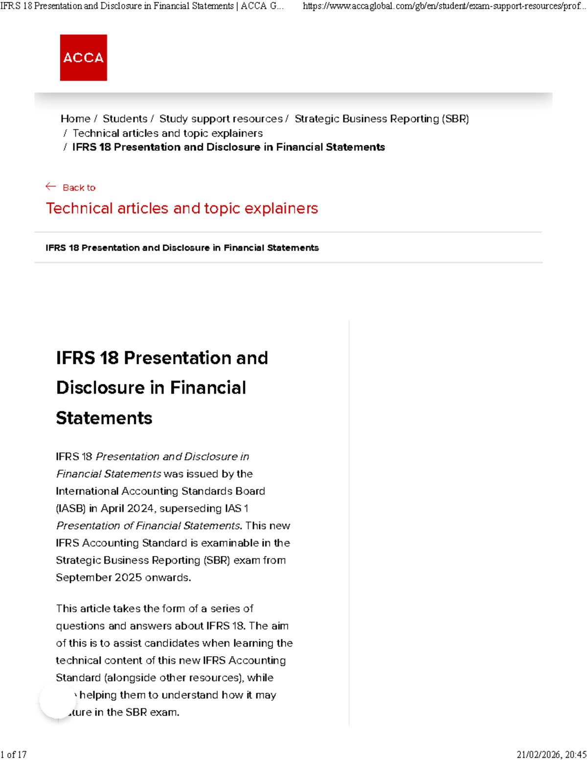 IFRS 18 Presentation & Disclosure in Financial Statements - ACCA SBR ...