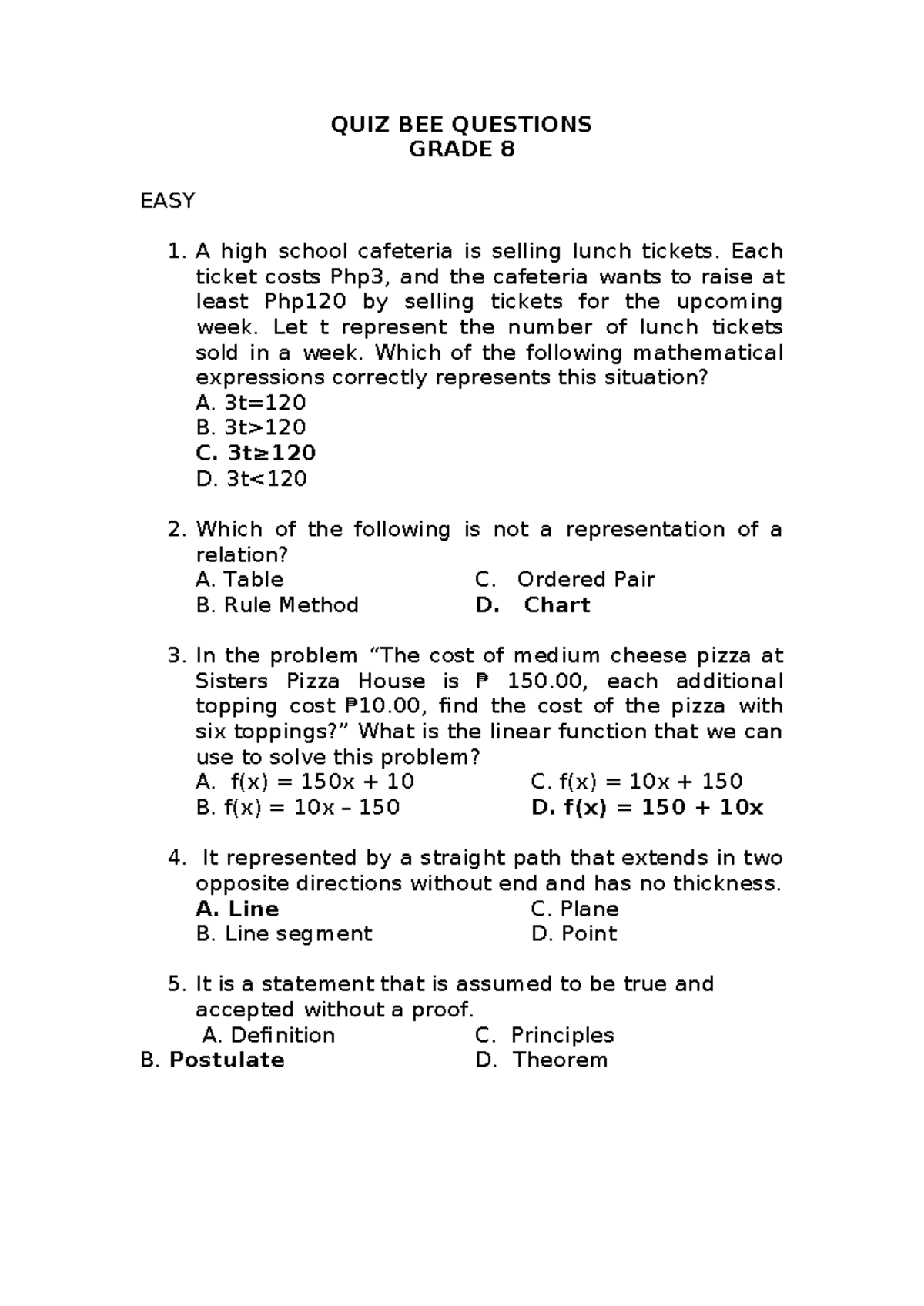 G8 - QUIZ BEE Math Questions and Answers - Studocu
