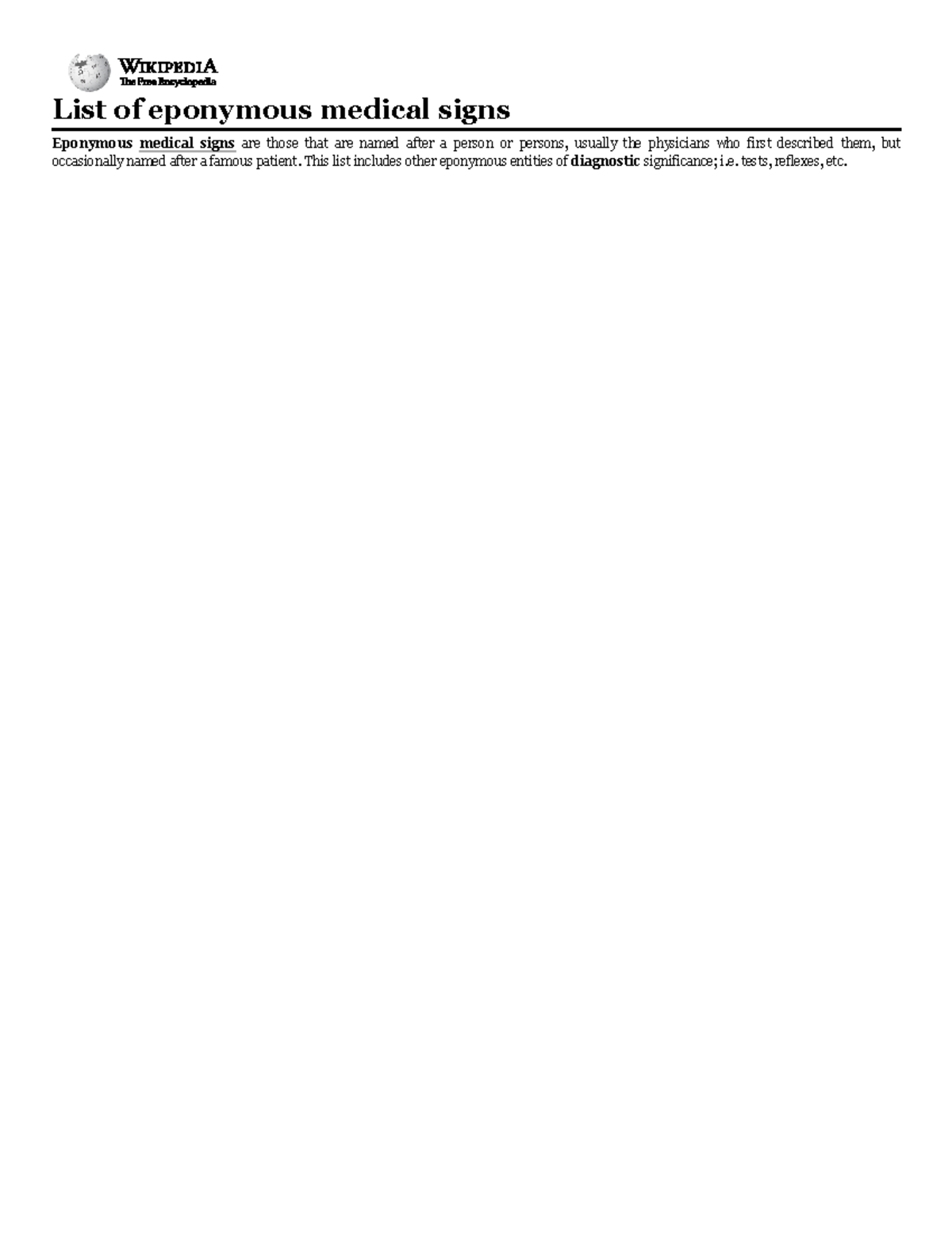 List of Eponymous Medical Signs: Key Diagnoses and Descriptors - Studocu