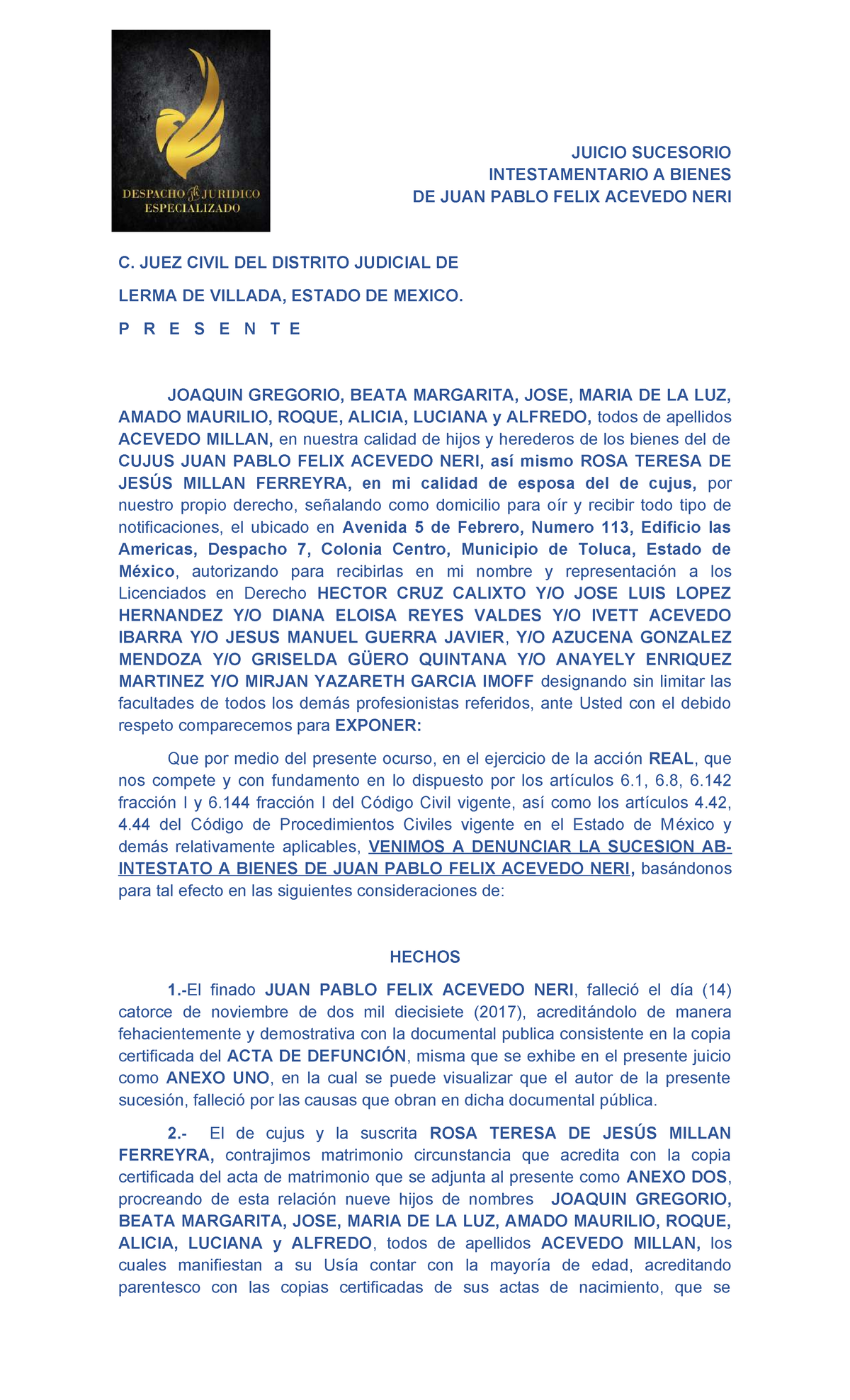 JUICIO SUCESORIO INTESTAMENTARIO A BIENES DE JUAN PABLO FELIX ACEVEDO ...