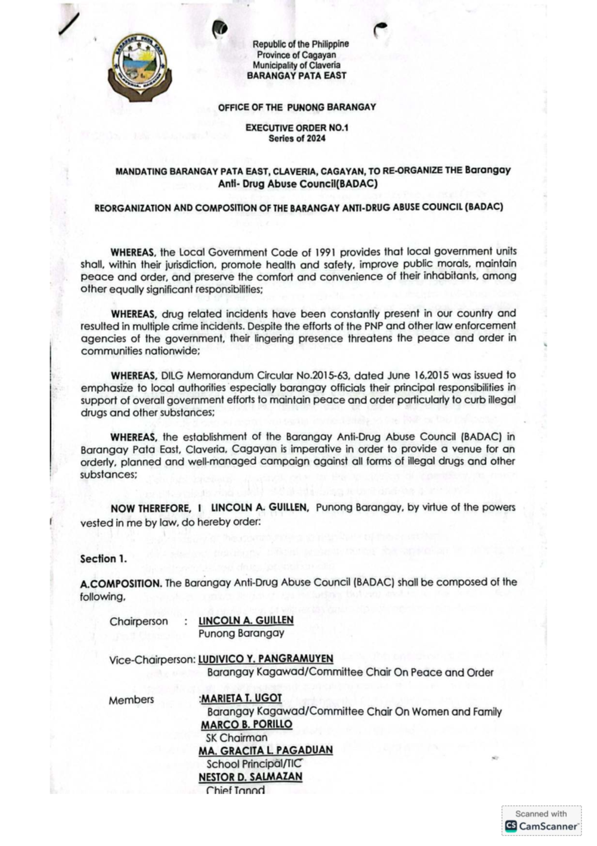 Pata East BADAC Executive Order No. 1: Reorganization & Team Formation ...
