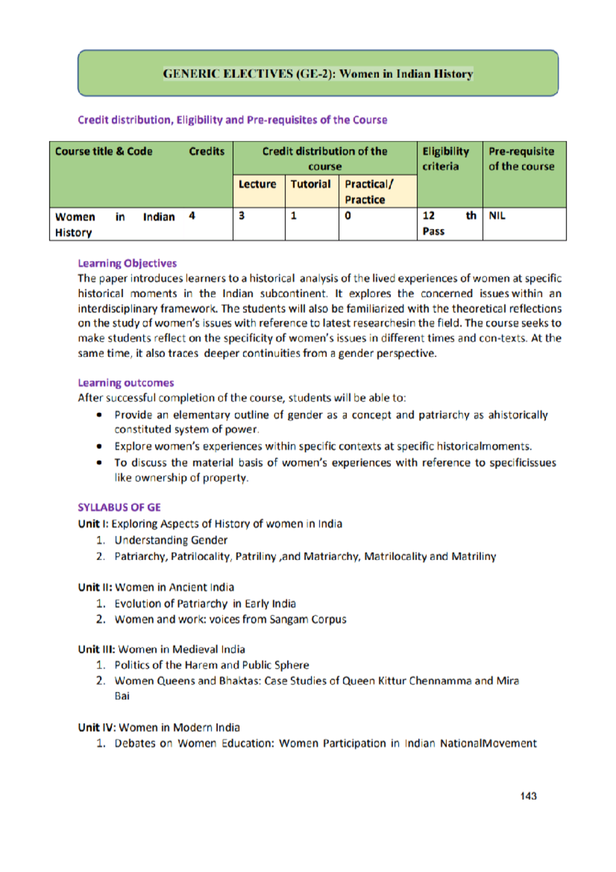 GE - 5th semester (women in Indian history) - GENERIC ELECTIVES Women in Indian History Credit ...