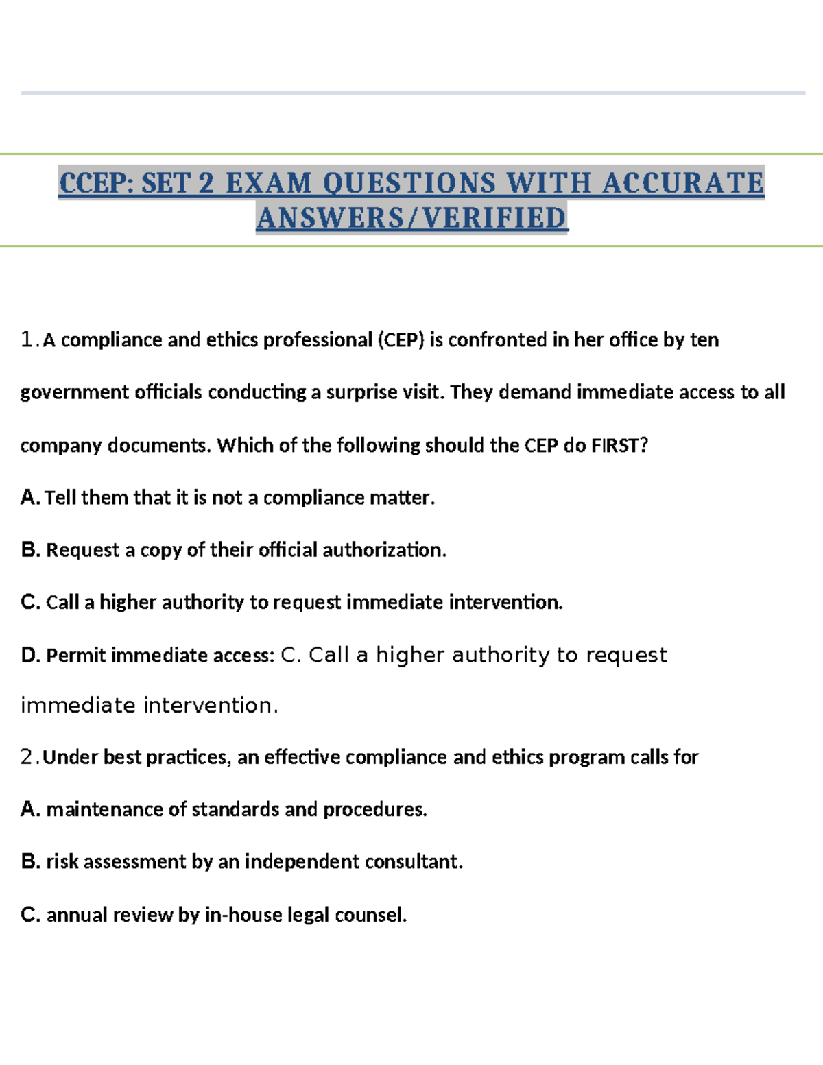 CCEP - EXAM SET 2: ANSWERS TO COMPLIANCE AND ETHICS QUESTIONS - Studocu