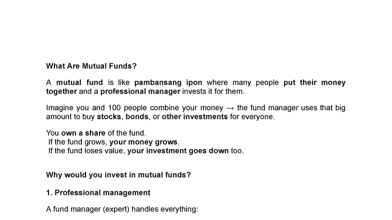 Mutual Funds - Notes on Investment Basics and Benefits - Studocu