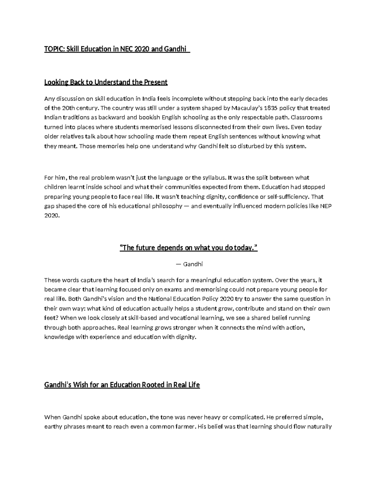 Skill Education in NEC 2020: Gandhi's Vision for Modern Learning - Studocu